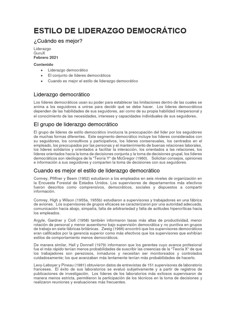 Estilo de Liderazgo Democrático | PDF | Liderazgo | Toma de decisiones