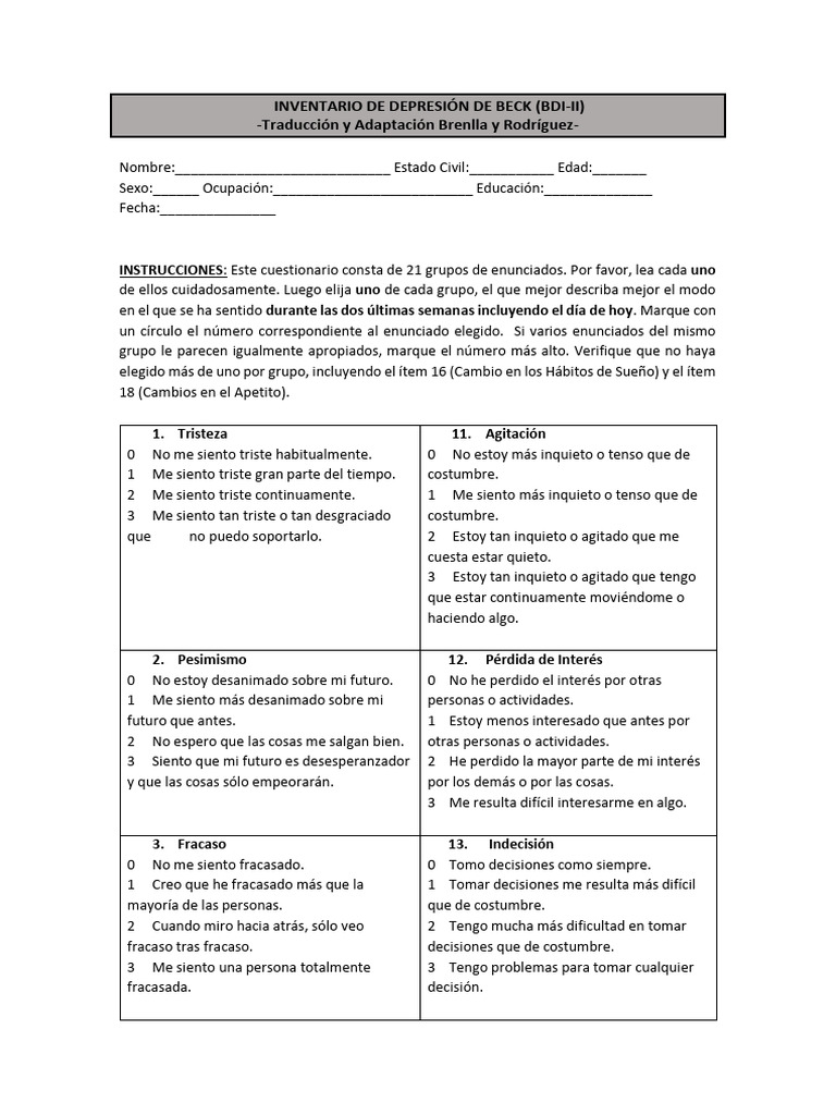 Protocolo BDI-II | PDF | Autosuperación | Bienestar