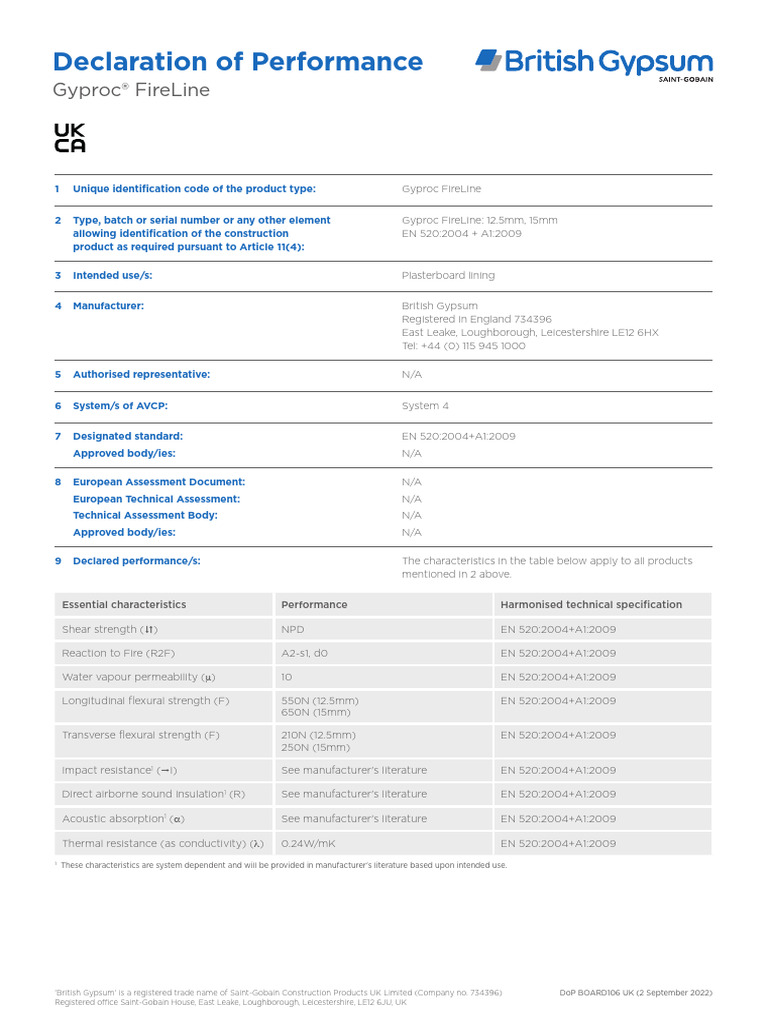 British Gypsum DoP BOARD106 UK Gyproc FireLine | PDF | Drywall