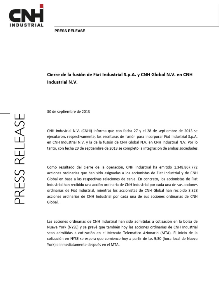 Cierre de La Fusin de Fiat Industrial SpA y CNH Global NV | PDF | Derecho