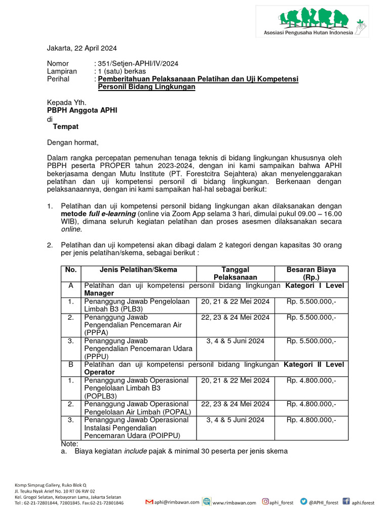 Surat Pemberitahuan Pelatihan Dan Ujikom Lingkungan 2024 Final | PDF