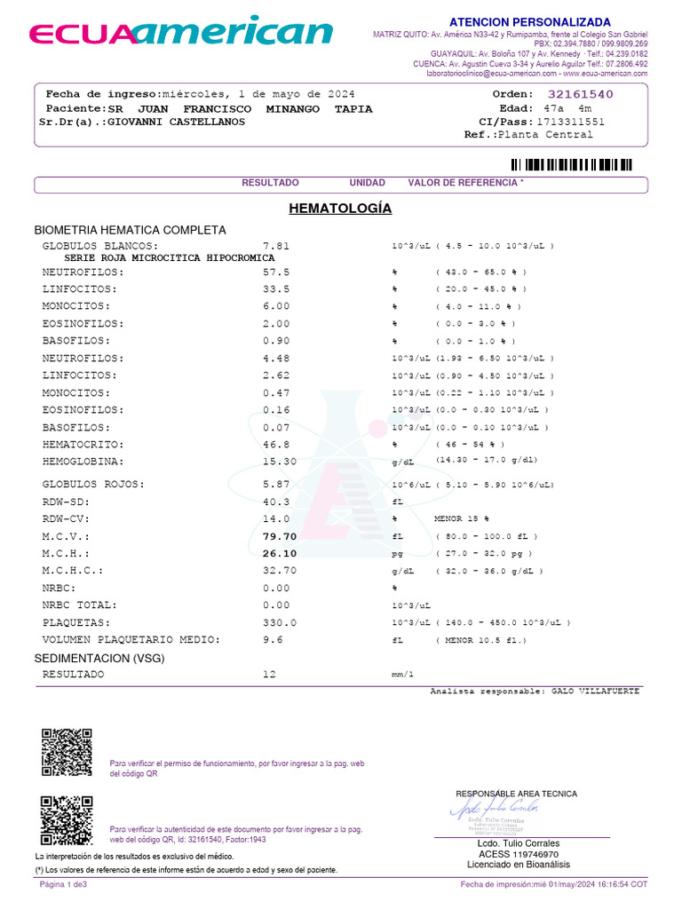 SR Juan Francisco Minango Tapia: Hematología | PDF | Medicina CLINICA | Especialidades Medicas