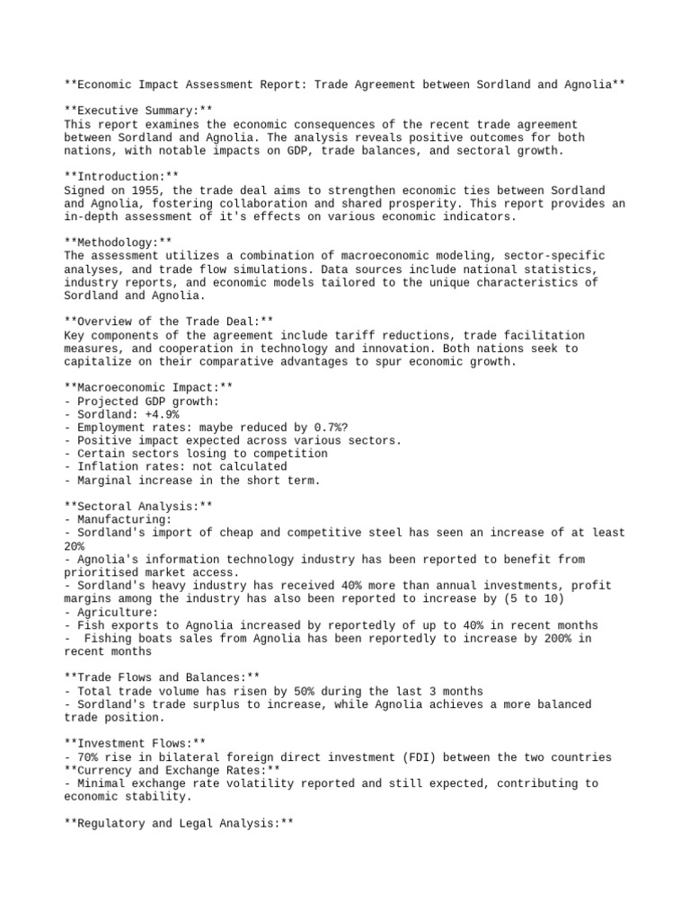 Economic Impact Assessment Report Trade Agreement Between Sordland and ...