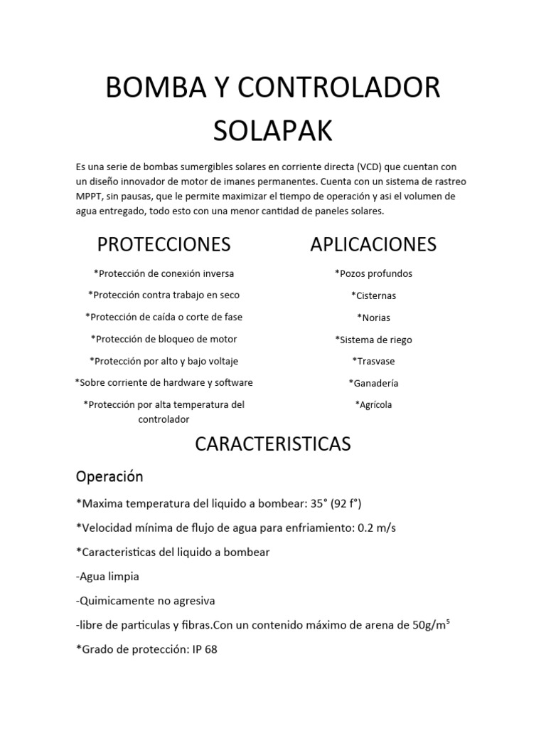 Bomba y Controlador Solapak | PDF | Panel solar | Bomba