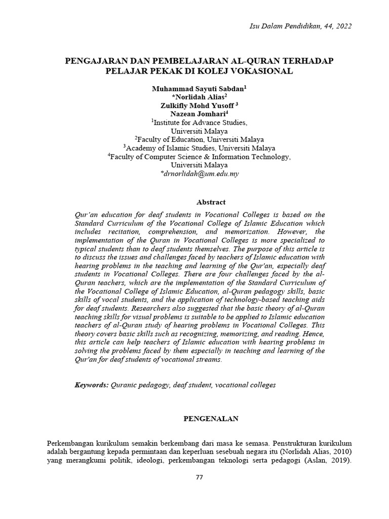 Pengajaran Dan Pembelajaran Al-Quran Terhadap Pelajar Pekak Di Kolej Vokasional | PDF