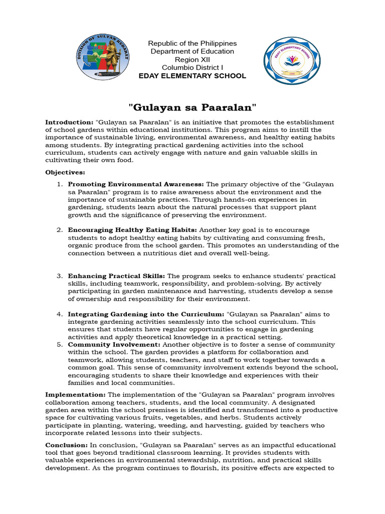 EDAY ES Gulayan Sa Paaralan | PDF | Behavior Modification | Learning