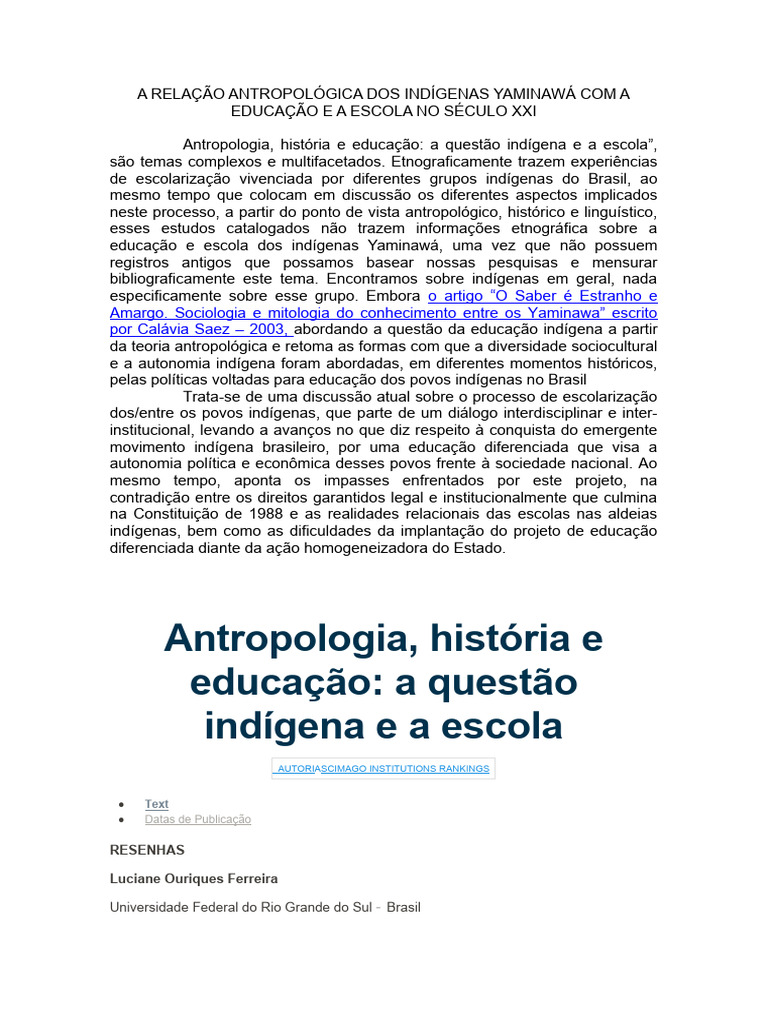 A Relação Antropológica Dos Indígenas Yaminawá Com A Educação e A ...
