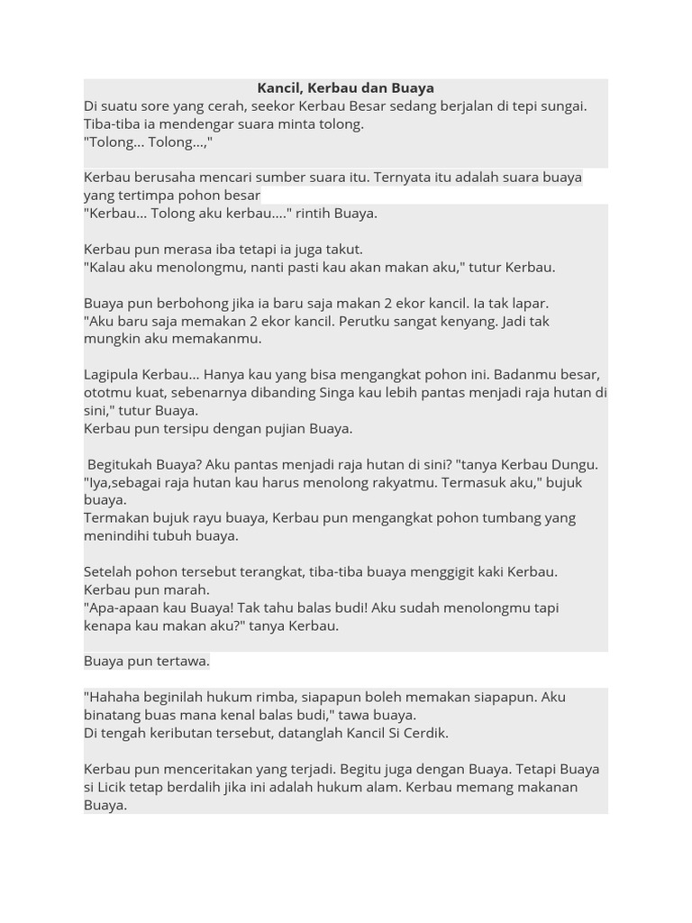 Dongeng Kancil, Kerbau Dan Buaya | PDF