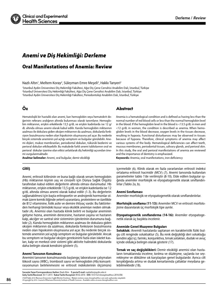 Anemi Ve Di Hekimli I Derleme (#259902) - 226386 | PDF