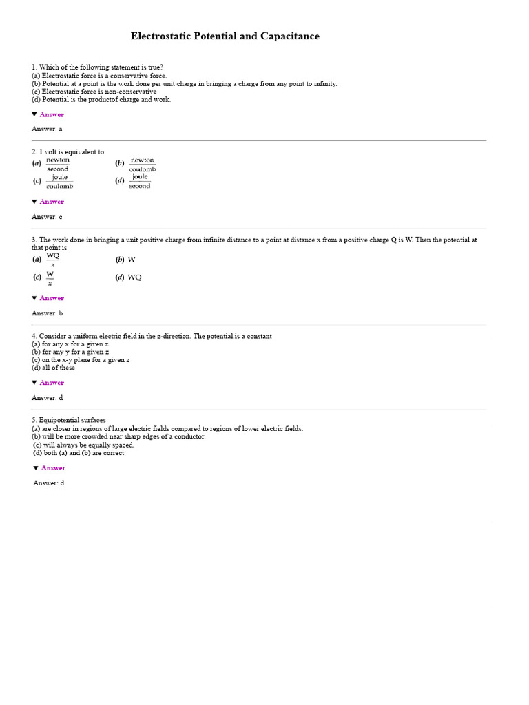 C-2 MCQ - Electrostatic Potential & Capacitance | PDF | Capacitor ...