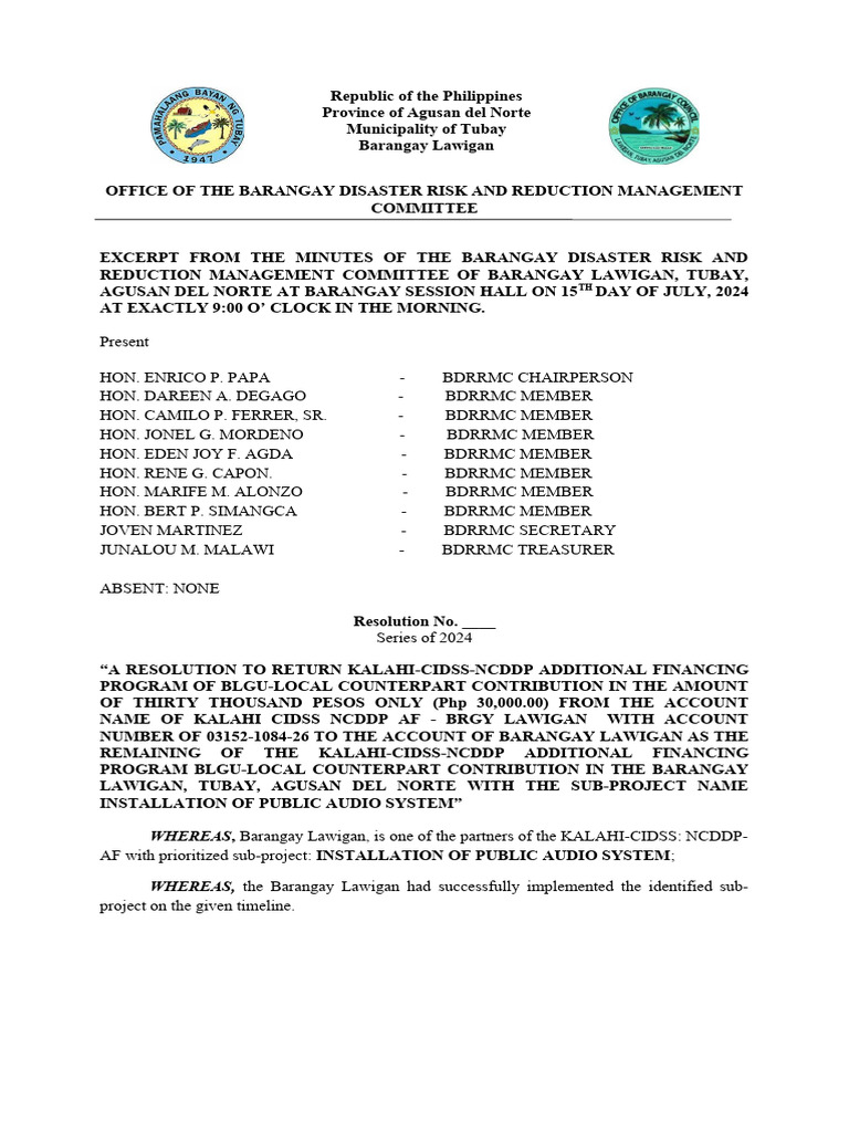 Reso-To-Return-Grant (Blgu) | PDF | Philippines | Economy Of The Philippines