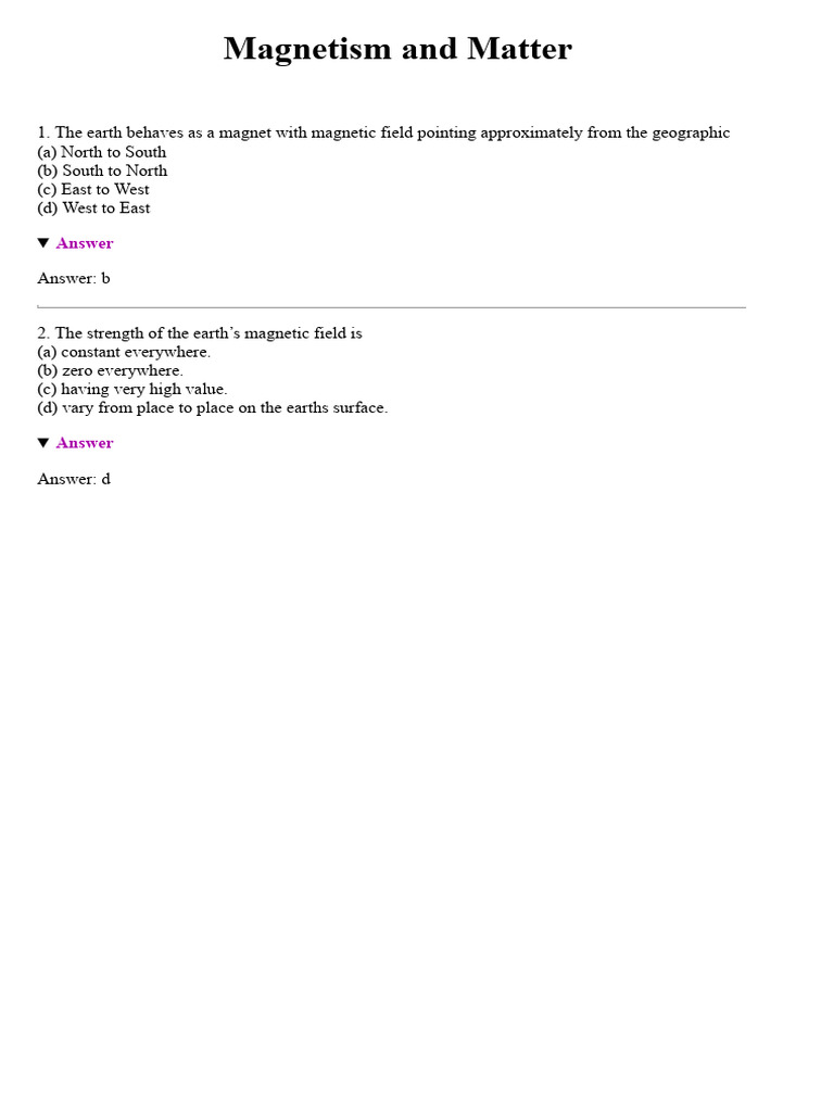 Class 12 Magnetism MCQs and Answers | PDF | Magnetism | Ferromagnetism