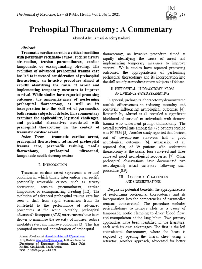 Prehospital Thoracotomy: A Commentary | PDF | Emergency Medical Services | Medical Specialties