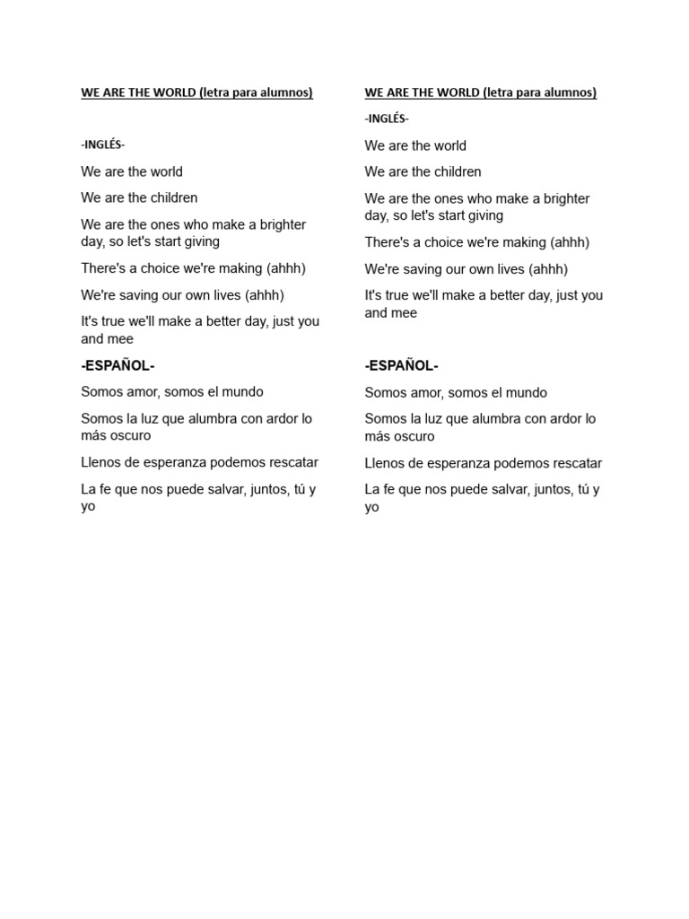 We Are The World Letra Alumnos | PDF