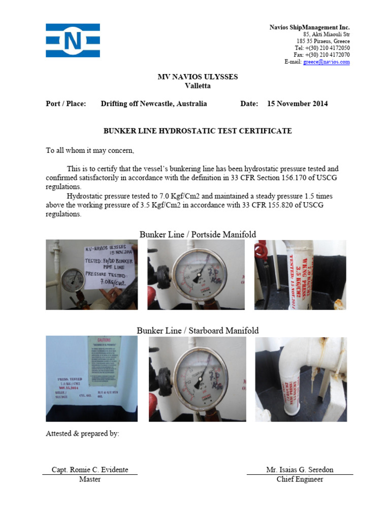 Bunker Line Hydrostatic Test Certificate | PDF