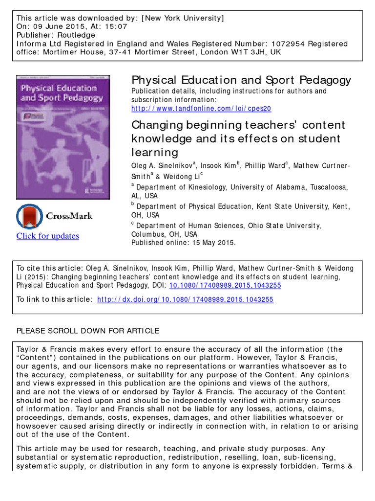Changing Beginning Teachers' Content Knowledge and Its Effects On Student Learning - Sinelnikov ...