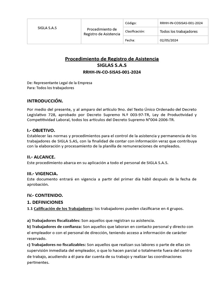 Procedimiento 001 - Procedimiento de Registro de Asistencia - SIGLA S.a ...