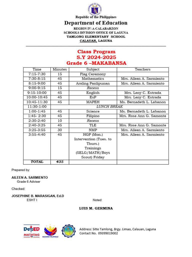 Class Program-2024-2025 | PDF | Philippines | Social Institutions