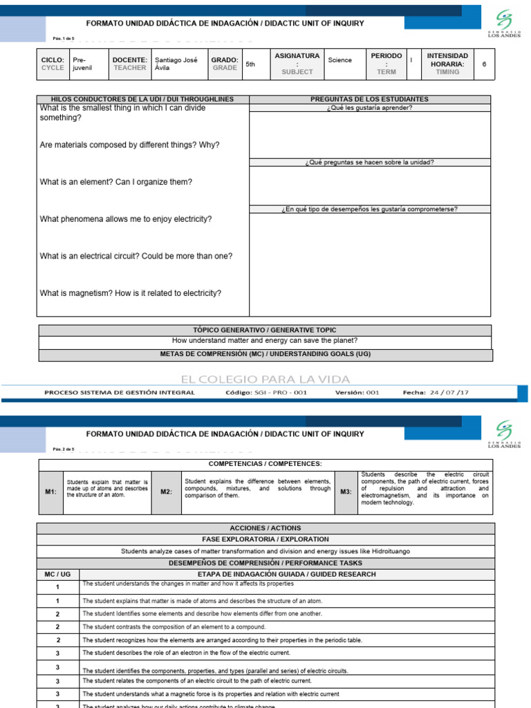 5th 1st Term UDI 2023 - StudentVersion | PDF | Electric Current | Atoms