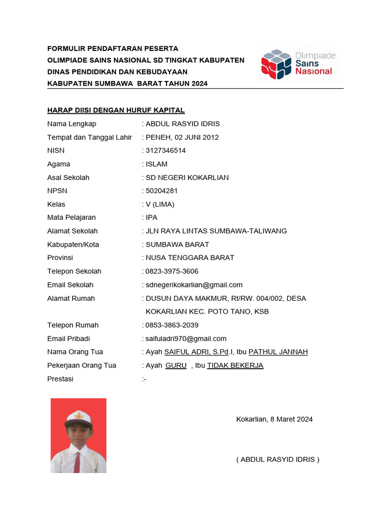 FORMULIR PENDAFTARAN PESERTA Sains 2024 | PDF