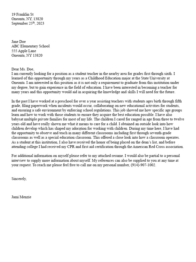 Student Teacher Application Letter | PDF