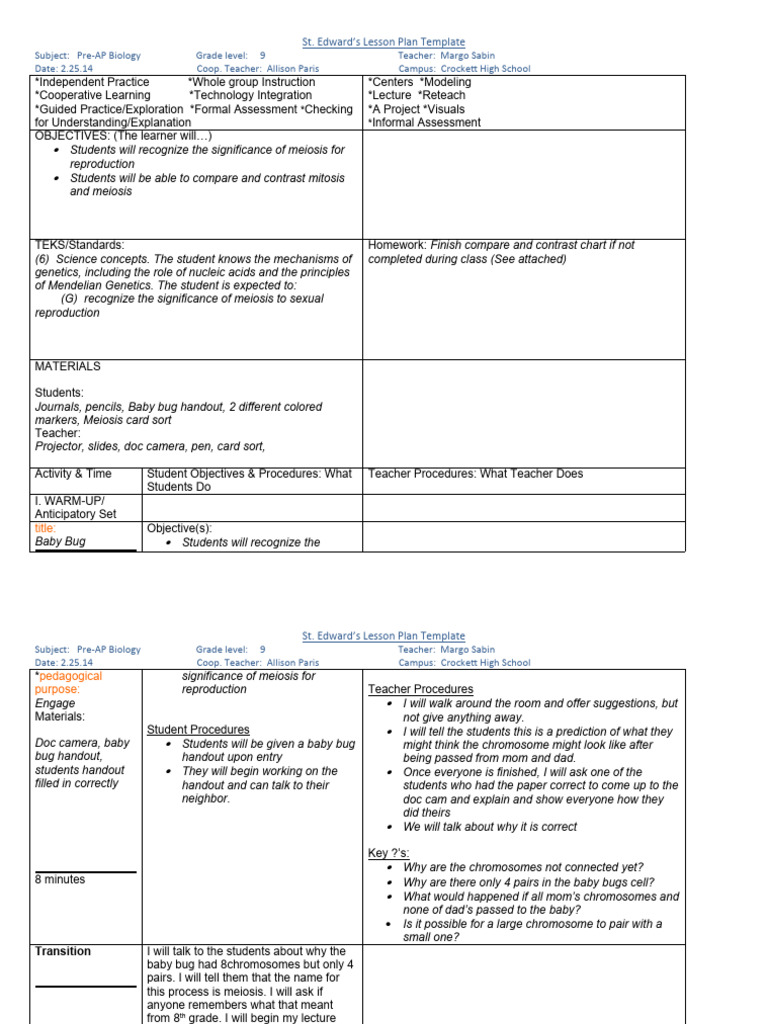 Meiosis Lesson Plan 120tj0e Pdf Meiosis Lesson Plan