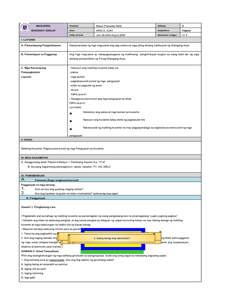 Banghay Aralin Sa Filipino 9 Q1 W1 | PDF