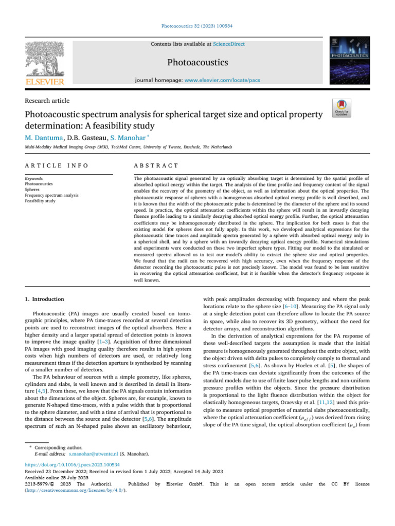 Photoacoustic Spectrum Analysis For Spherical Target Size and Optical ...