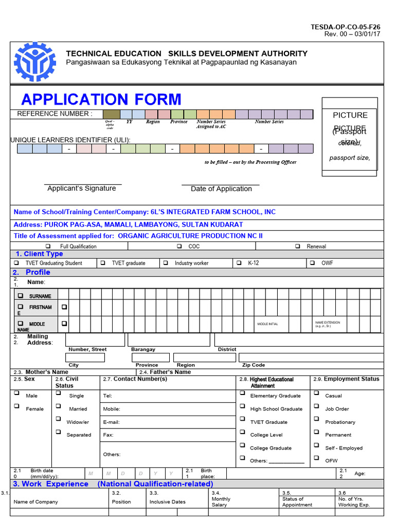 Application Form - OAP NC II CompetencyAssessment | PDF