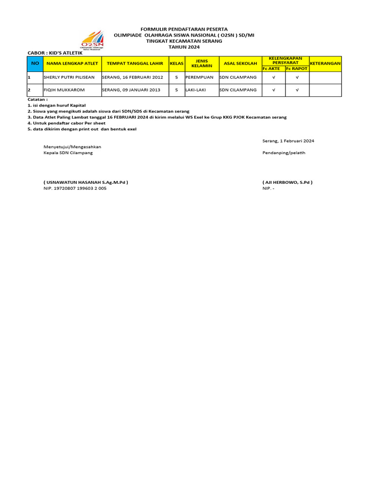 Formulir O2SN SD Serang 2024 | PDF