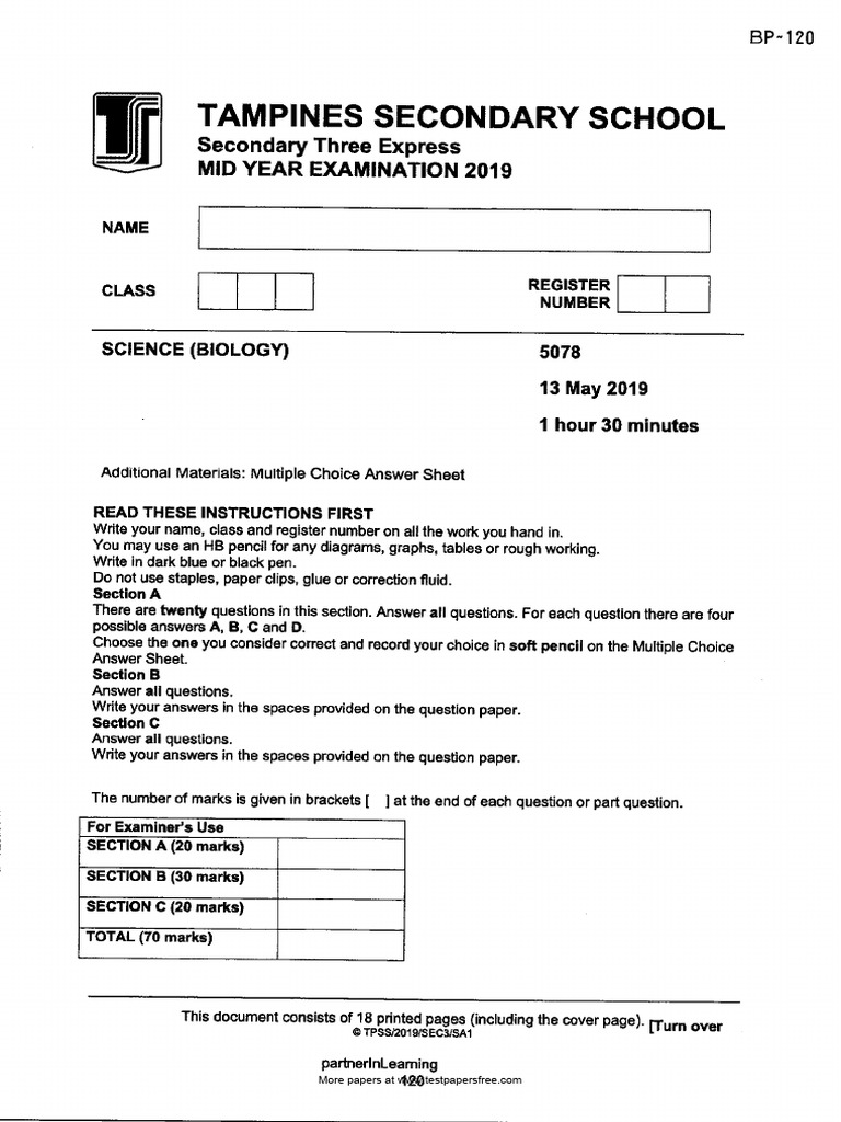 Sec3 Sci Bio 2019 SA1 Tampines | PDF