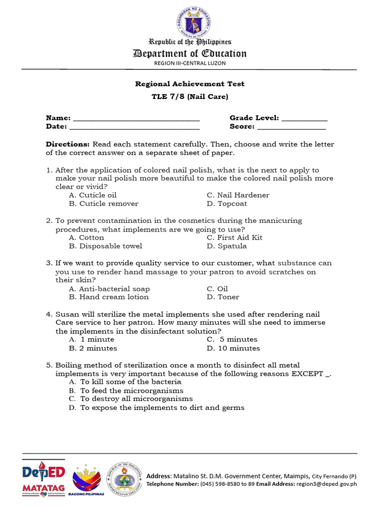 Regional Achievement Test: Nail Care | PDF | Nail (Anatomy)