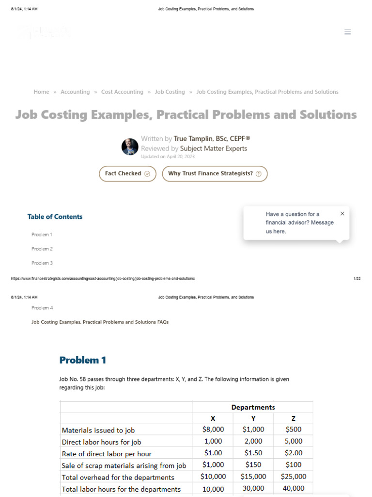 Job Costing Examples, Practical Problems, and Solutions | PDF | Cost ...