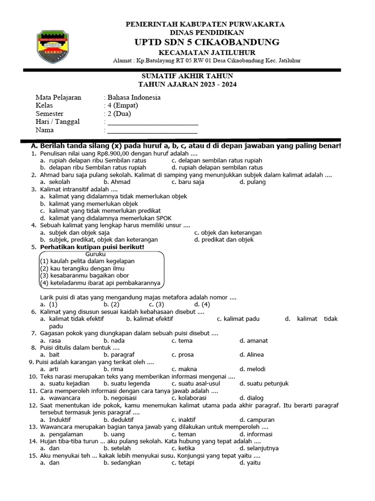 Sat B Indonesia Kelas 4 Semester 2 | PDF