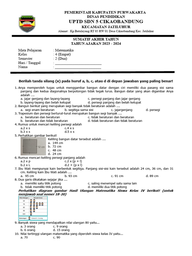Soal Matematika Kelas 4 Semester 2 | PDF | Griya & Taman