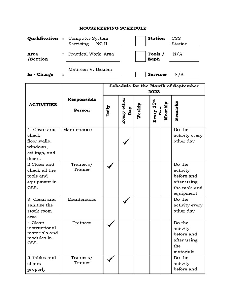 MVB Housekeeping Schedule | PDF | Computing