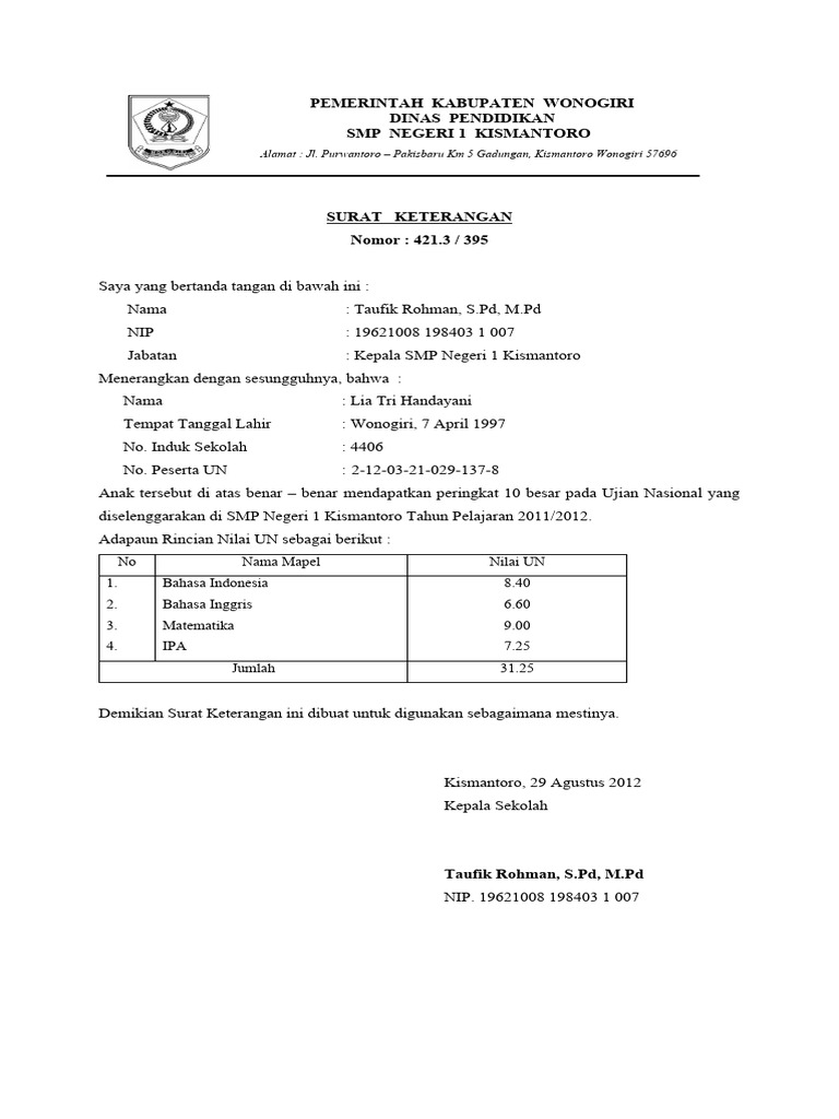 Surat Ket Siswa Ranking 10 Besar | PDF