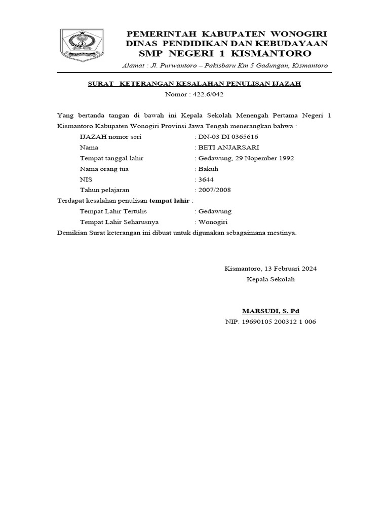 Surat Keterangan Ralat | PDF