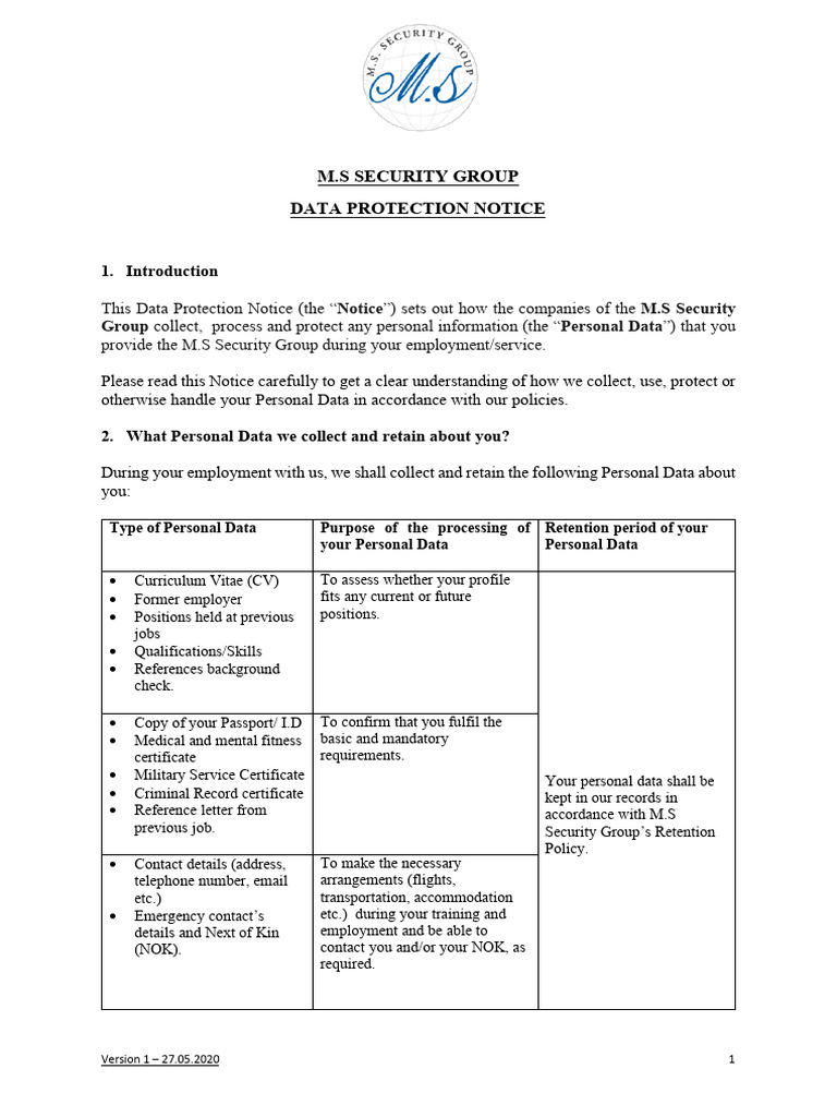 M.S Security Group Data Protection Notice | PDF | Employment | Information