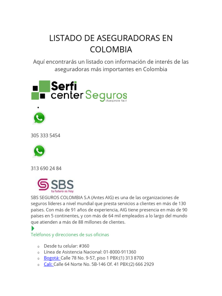 Listado de Aseguradoras en Colombia | PDF | Colombia | Seguro