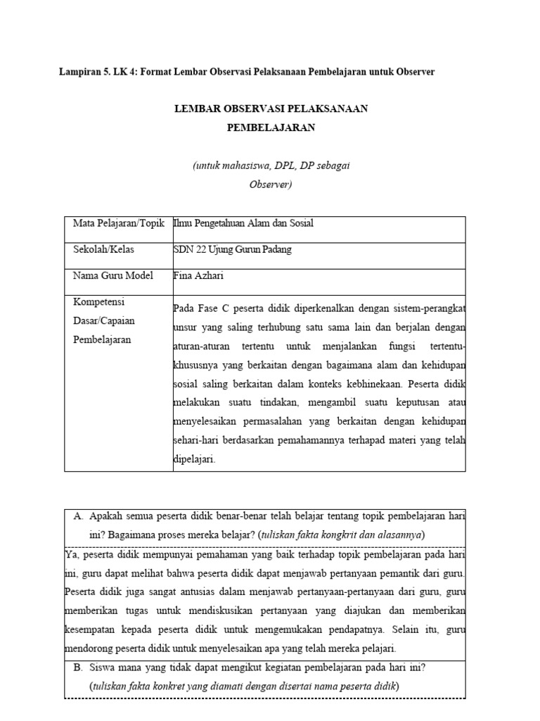 LK 4 - Lembar Observasi Pembelajaran Observer - Siklus 1 | PDF