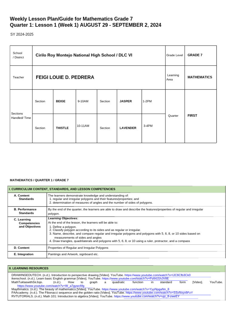 Q1 WLL Mathematics 7 Lesson 1 Week 1 | PDF | Polygon | Circle