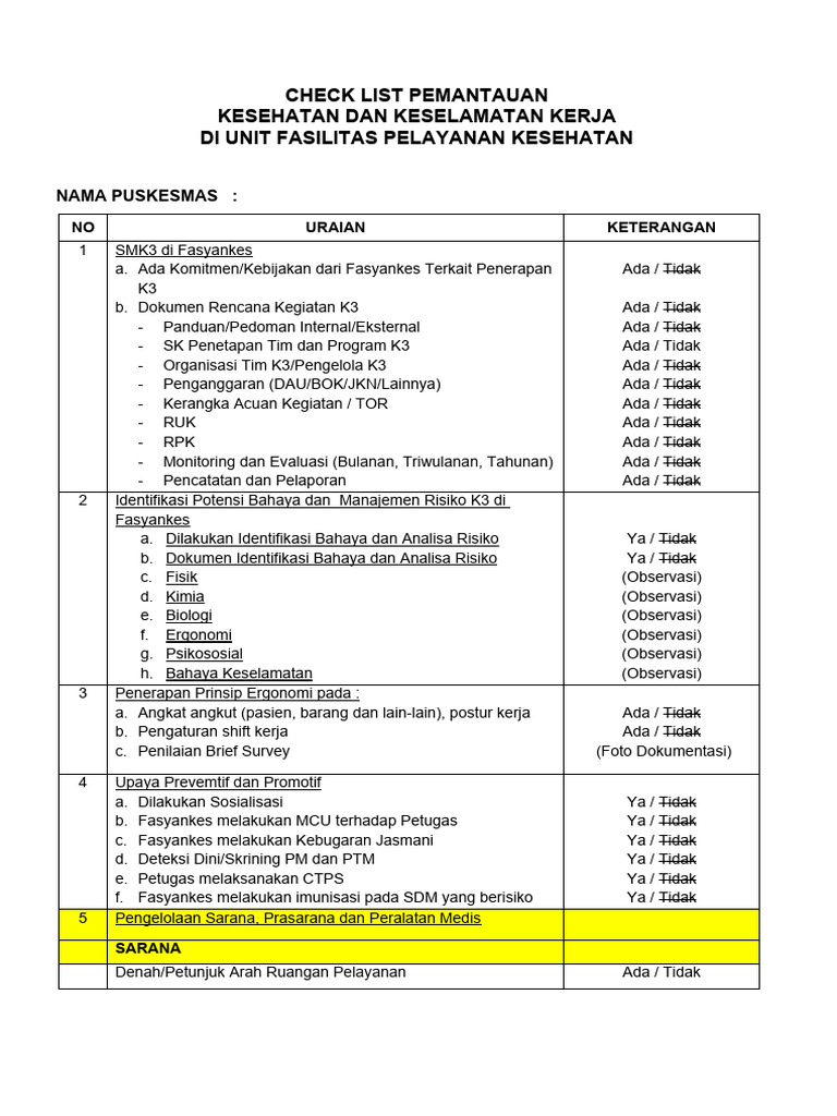 Checklist K3 Fasilitas Kesehatan Puskesmas | PDF