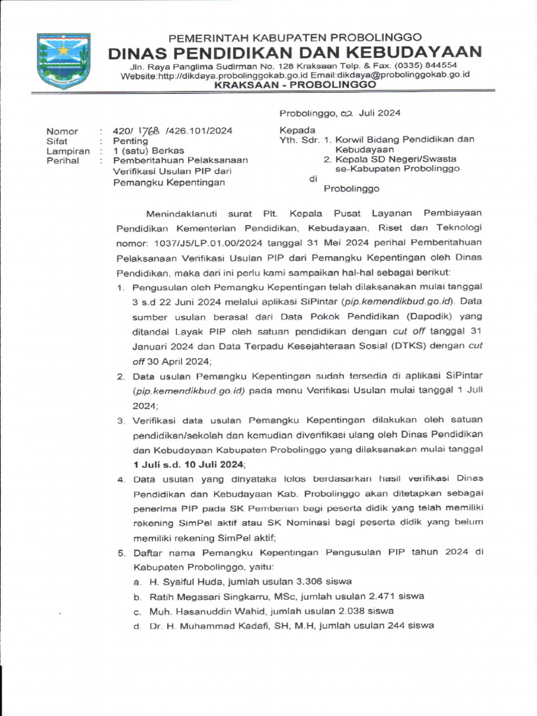 Pemberitahuan Pelaksanaan Verifikasi Usulan PIP | PDF