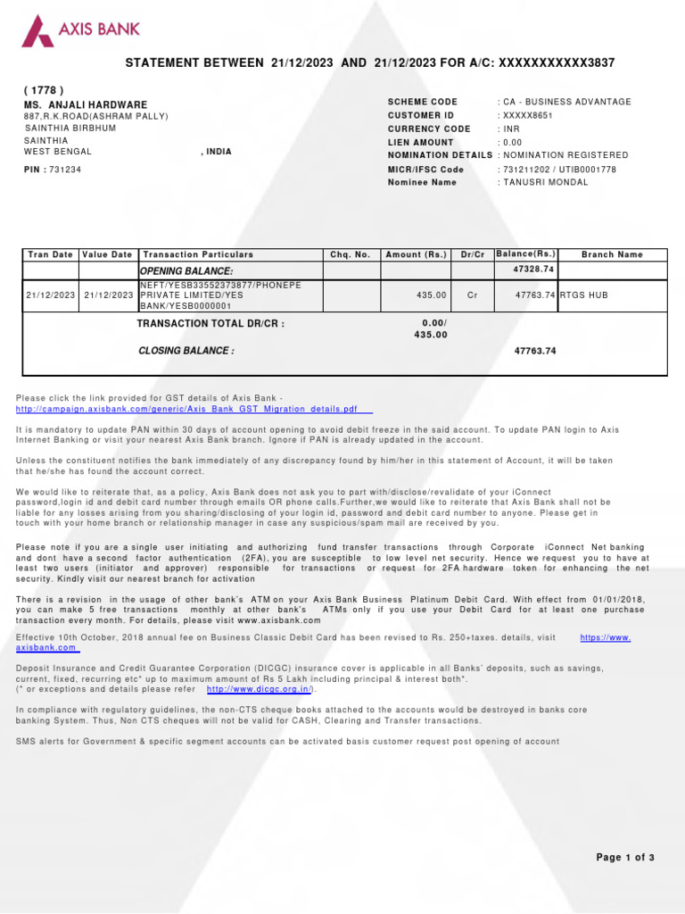 Axis Bank Statement For 21122023 | PDF | Banks | Debit Card