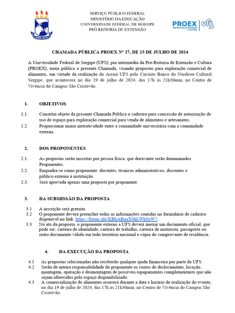 CHAMADA P BLICA PROEX N 27 de 15 de JULHO de 2024 - Arrai UFS Pelo Circuito Banco Do Nordeste ...