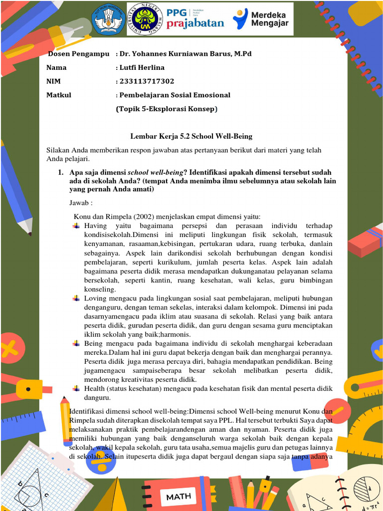 T5-EKSPLORASI KONSEP-LUTFI HERLINA - Lembar Kerja 5.2 School Well-Being New | PDF