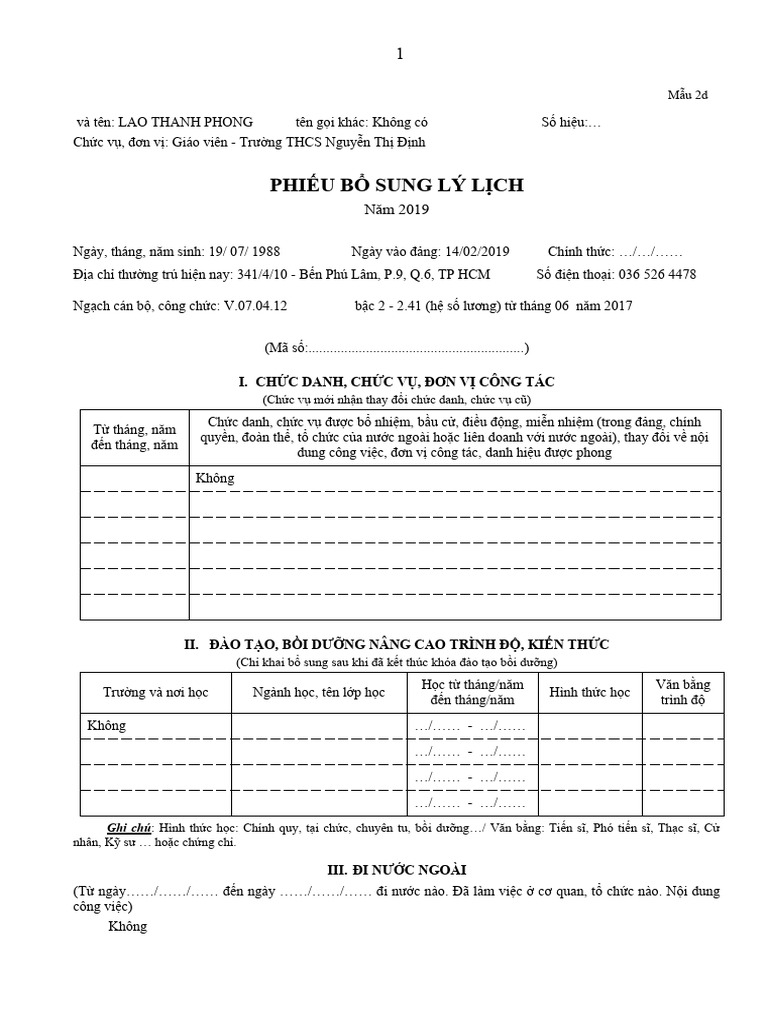 Mau 2d - Phieu Bo Sung Ly Lich | PDF