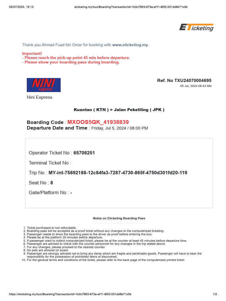 Eticketing - My Bus Boarding TransactionId 1b3c7863 673a Ef11 80f2 001dd8b71c0b | PDF ...