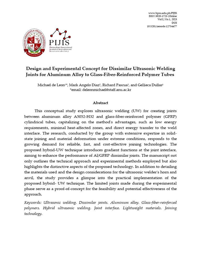 Design and Experimental Concept For Dissimilar Ultrasonic Welding ...